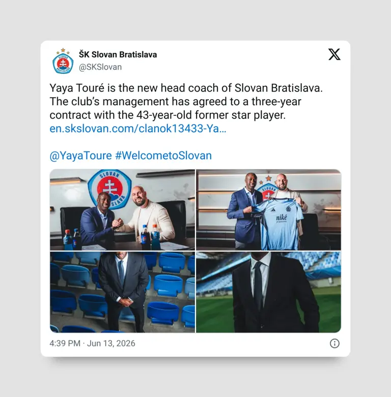 Yaya Toure, Slovan Bratislava'nın yeni teknik direktörü oldu