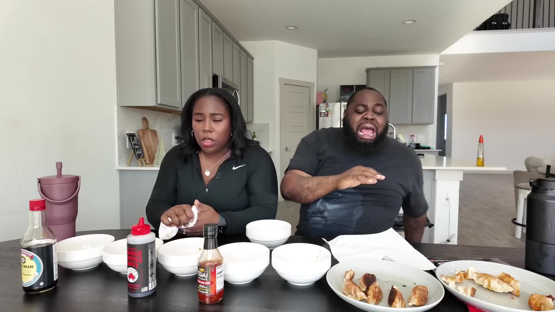 Husband's reaction after his dumpling dip turned into pure fire