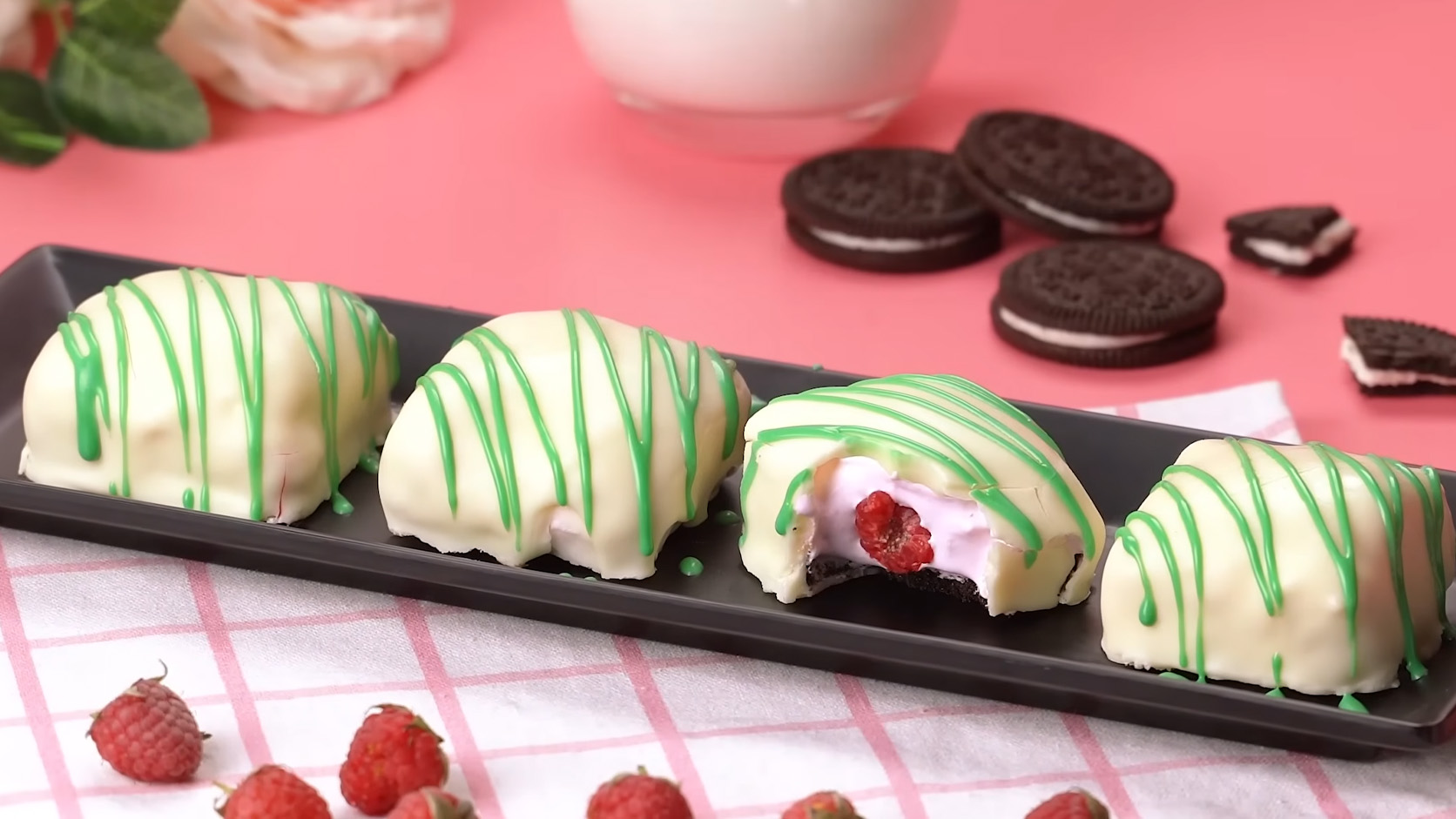 Quick and easy chocolate drip raspberry sandwich bites