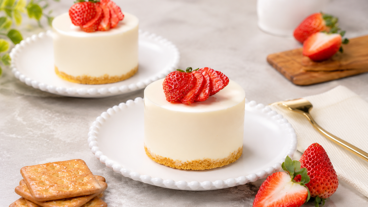 Mini strawberry cheesecakes with biscuit base