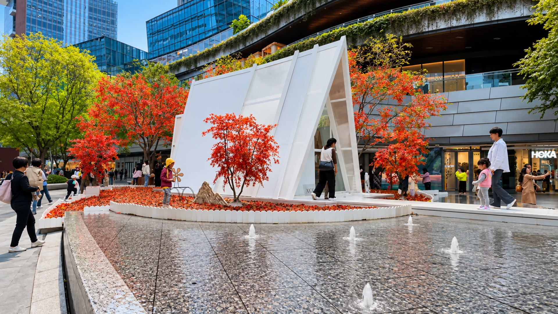 A reflecting fountain brightens China’s dramatic autumn mall plaza