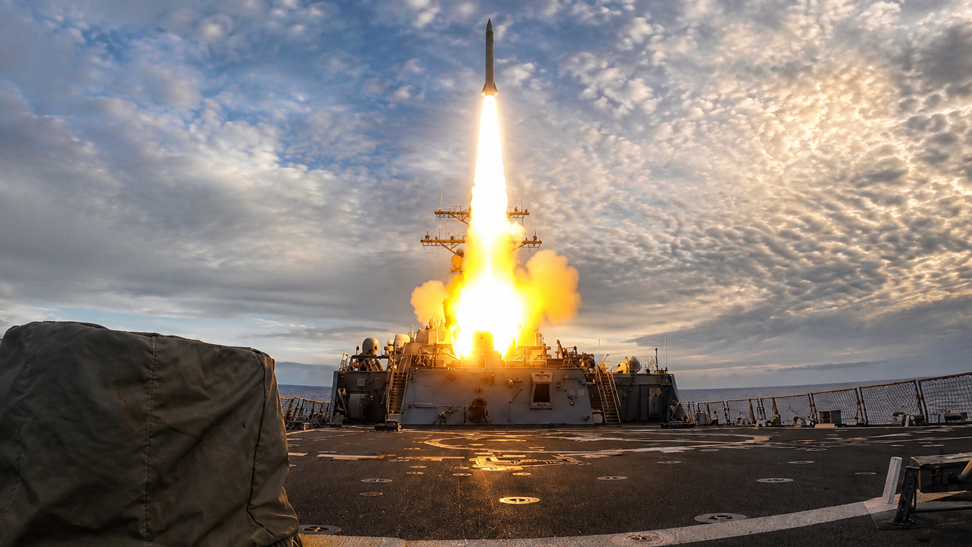 Warship launches missile during defense exercise