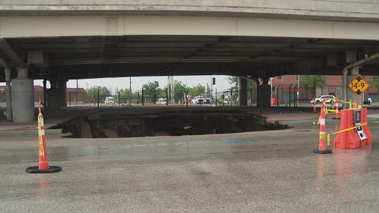 Massive sinkhole forms beneath I-70 overpass near St. Louis’ The Dome