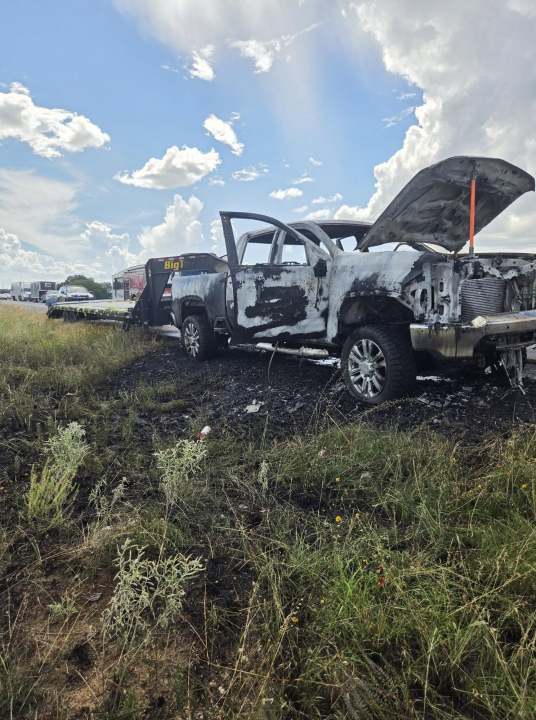 Truck and trailer catch fire on I-20 in Eastland, dog missing
