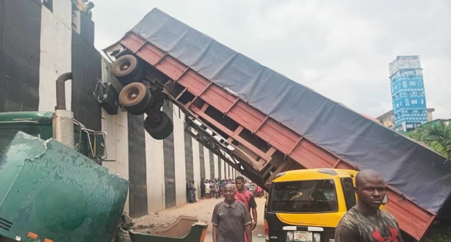 Truck falls off bridge in Anambra