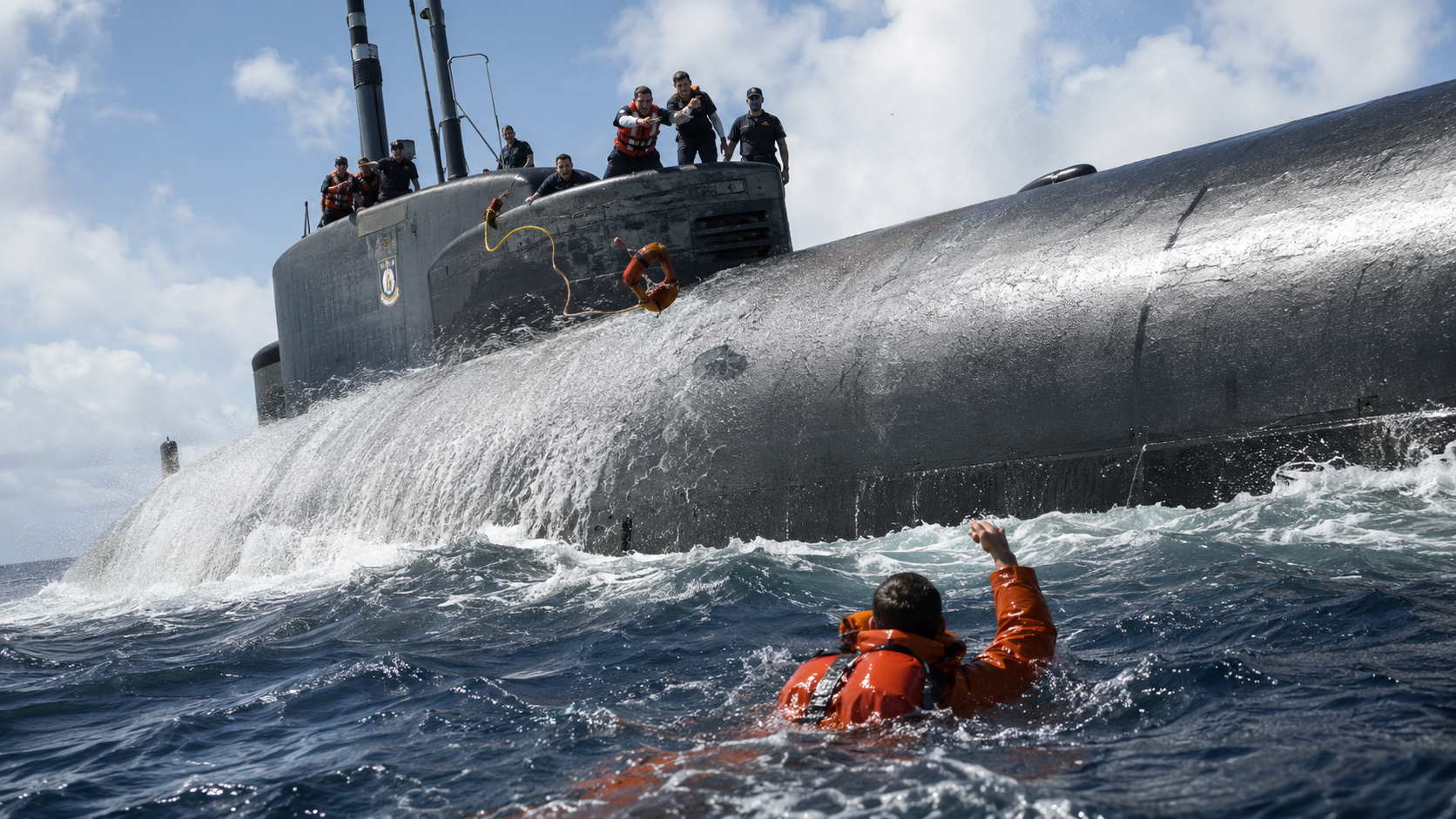 What happens when a sailor falls overboard from a submarine at sea