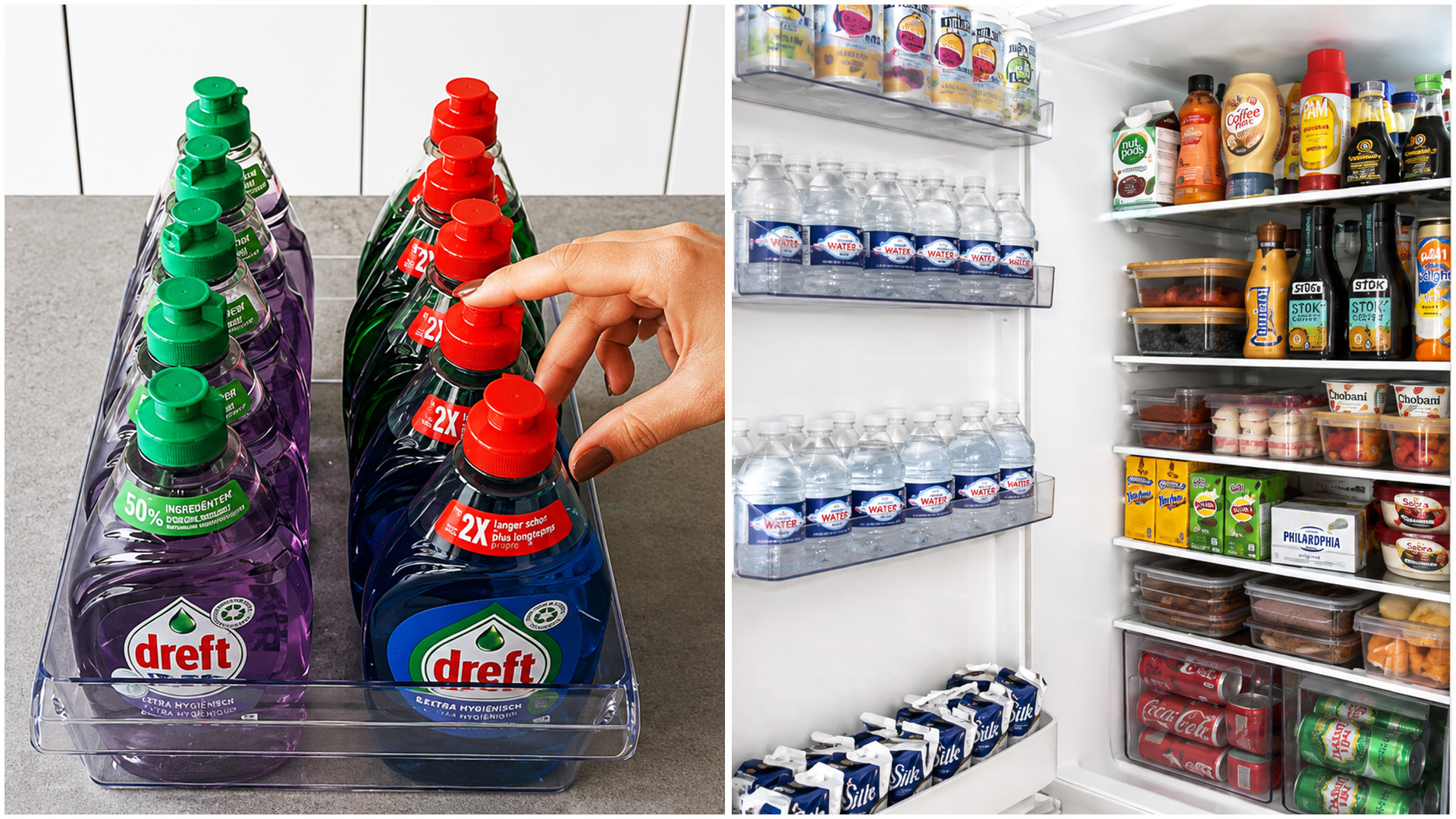 Perfectly organized fridge and cleaning supply restock