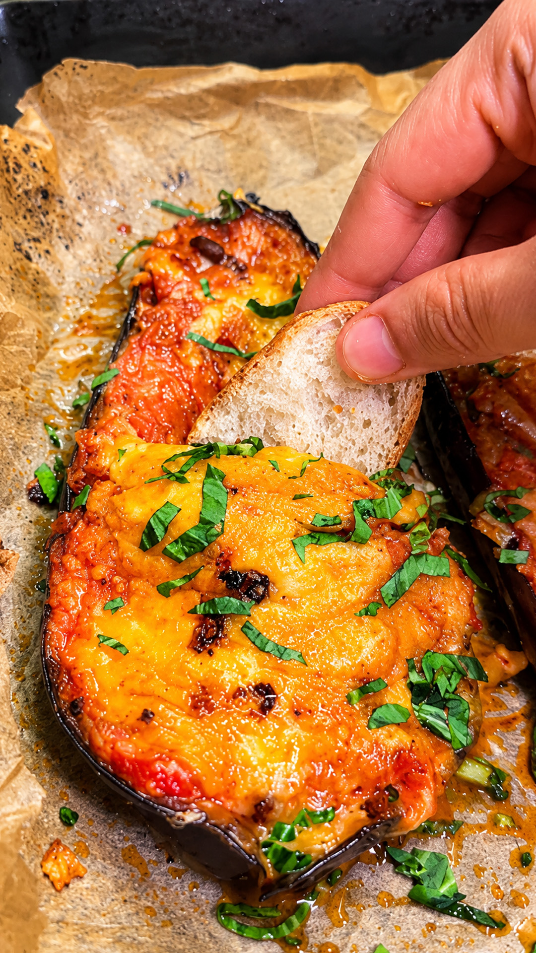 Roasted vegan eggplant parmesan with garlic tomato mash