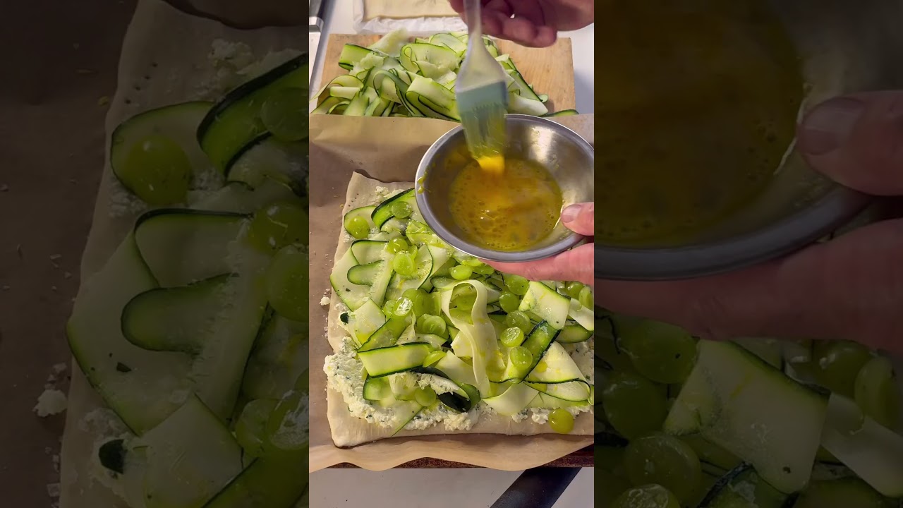 Courgette, grapes & ricotta on puff pastry