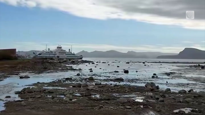 Kamutik W ferry arrives in Nain Harbour, NL