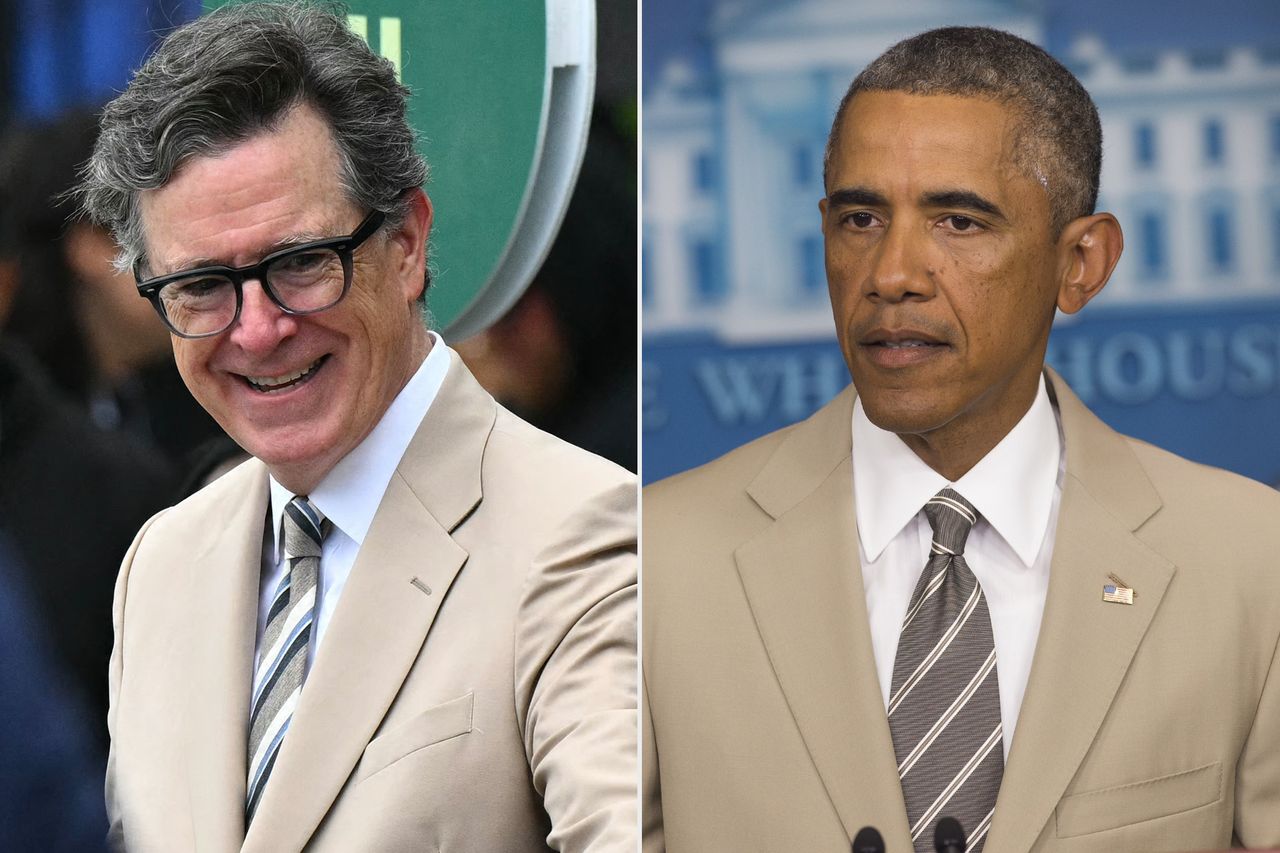 Stephen Colbert wears tan suit to Obama Presidential Center opening ...