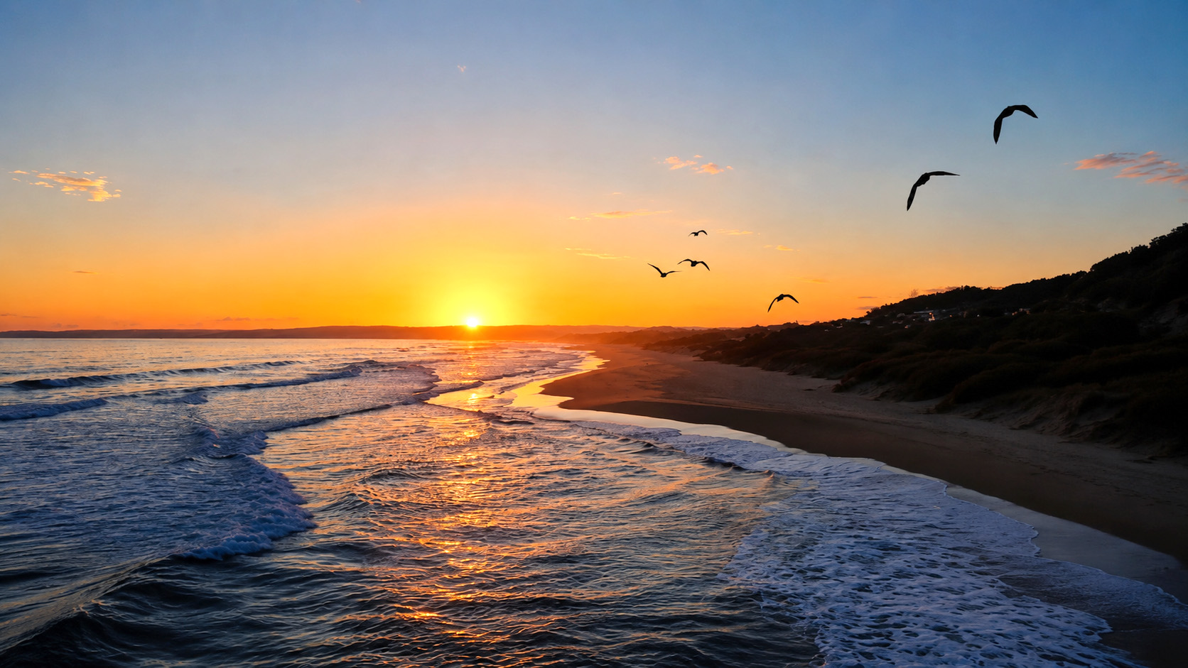 Piha’s black sand beach glowing beneath the sunset sky