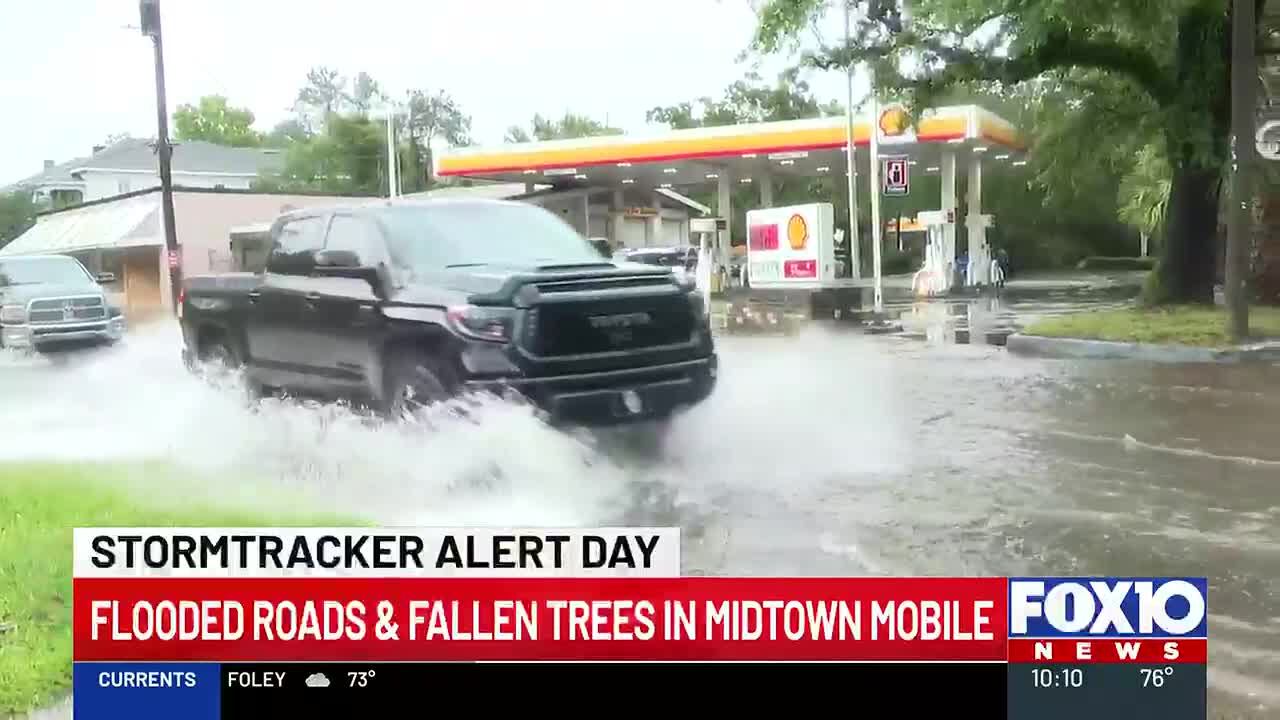 Heavy rain floods midtown Mobile streets, downs trees