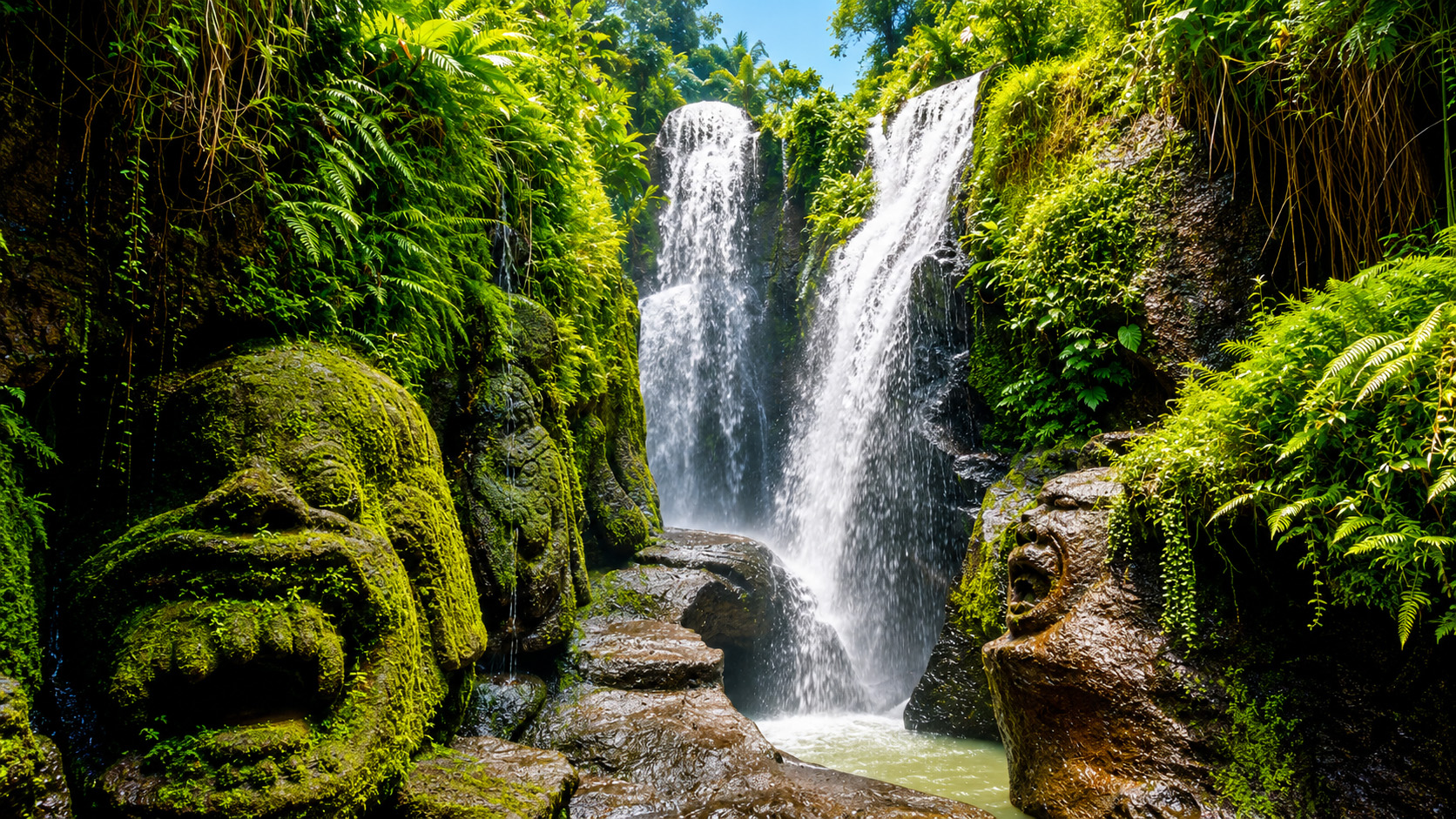 A hidden waterfall flowing through Beji Griya Temple in Bali