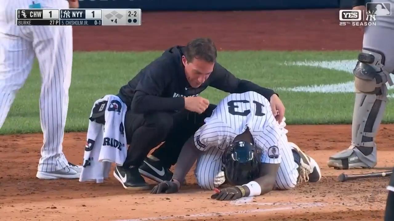 Moment: Yikes! Yankees’ Jazz Chisholm Jr. exits after foul ball to groin