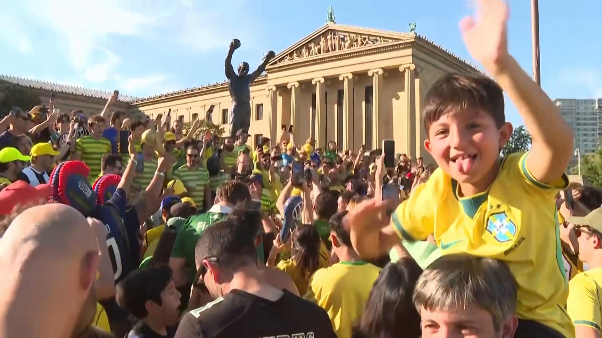 Brazil fans hold banderazo celebration on Philadelphia's famous Rocky Steps