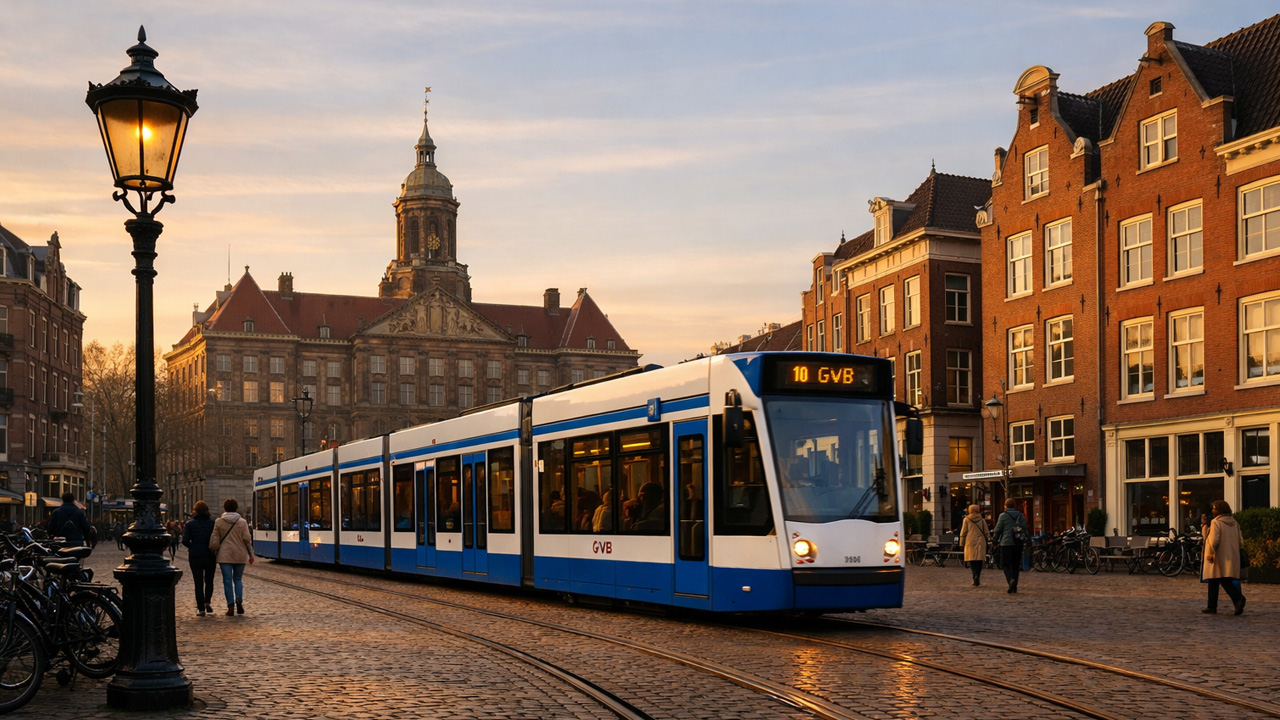 Sunset trams roll through Amsterdam’s historic streets