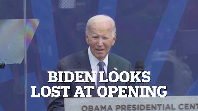 Biden looks bewildered as he attends Obama library's opening