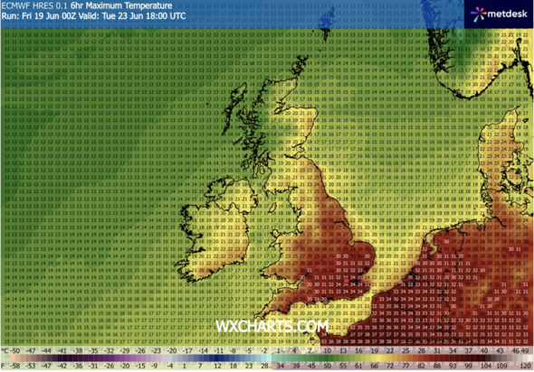 UK weather maps turn volcanic red in 35C heatwave - the 22 counties ...