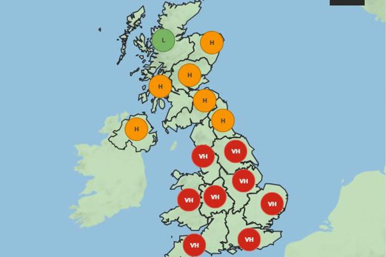 Full list of nine UK areas hit with red 'very high' alert as Met Office ...