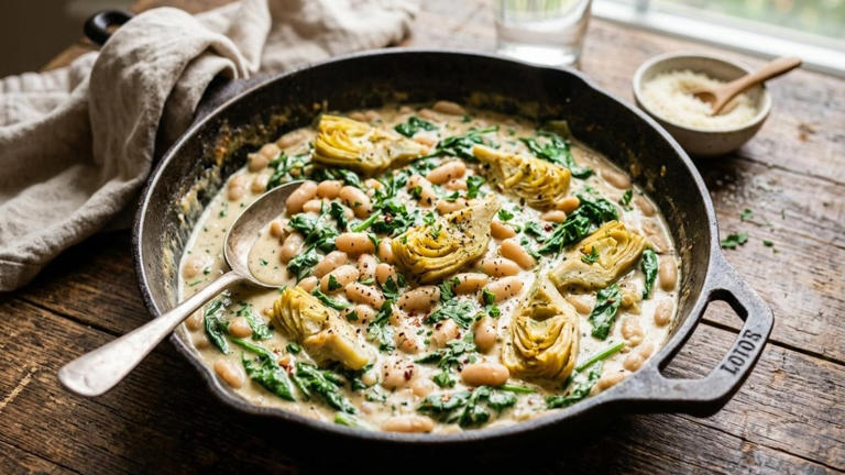 This creamy spinach and artichoke white bean skillet turns a party ...