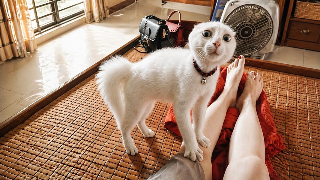 Waar kijkt deze witte kat naar?