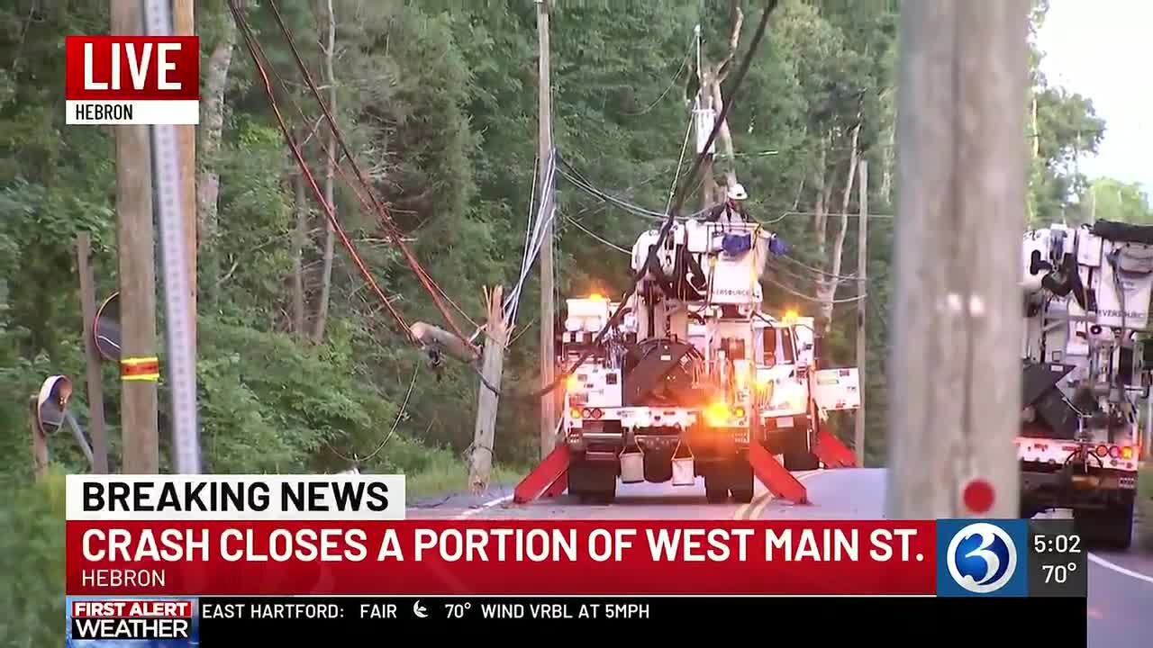 Route 66 in Hebron closed after two-vehicle crash involving utility pole