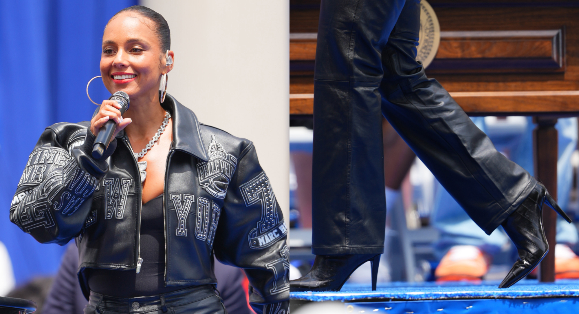 Alicia Keys wears embossed, striped pointed-toe boots at Knicks parade