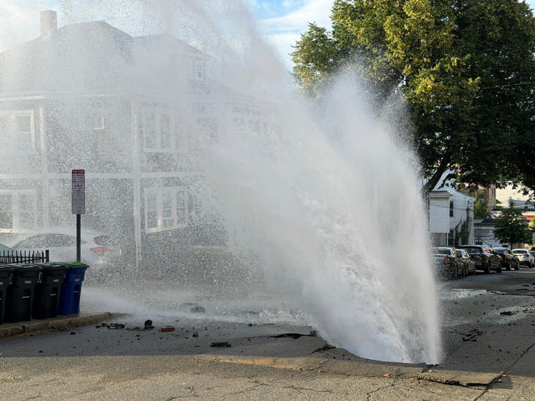 Geyser of water shoots out from water main break in Somerville