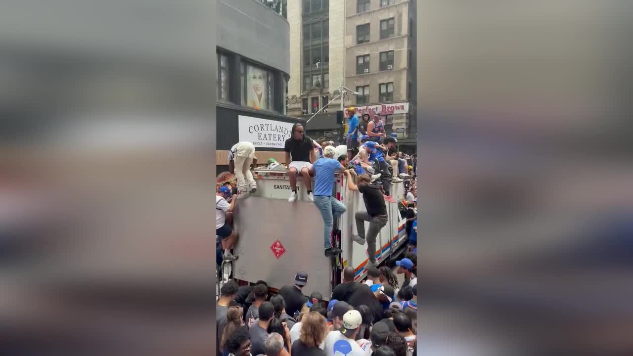 New York Knicks fans damage truck roof during championship celebrations