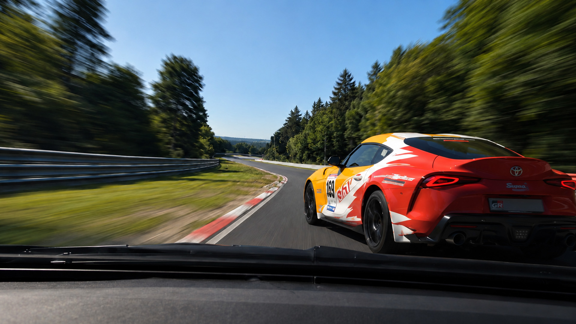 Inside Lamborghini Revuelto during close Toyota Supra moment on race track