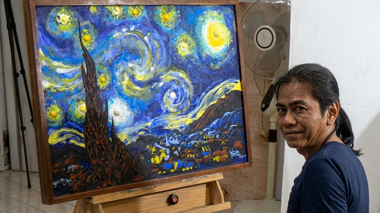 Beautiful starry night inspired painting process with luminous stars ...