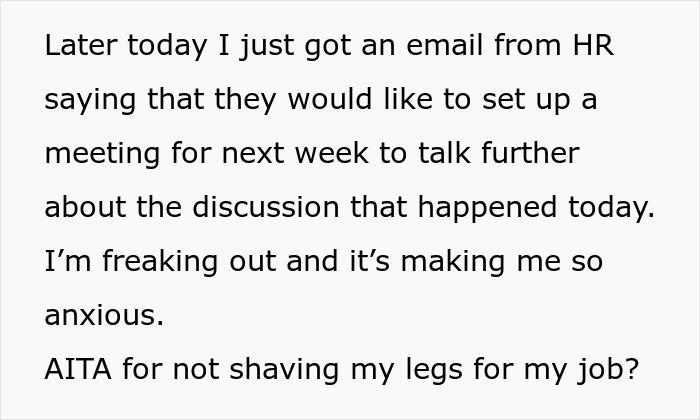 HR sets meeting with 21YO after boss calls her out for not shaving her ...