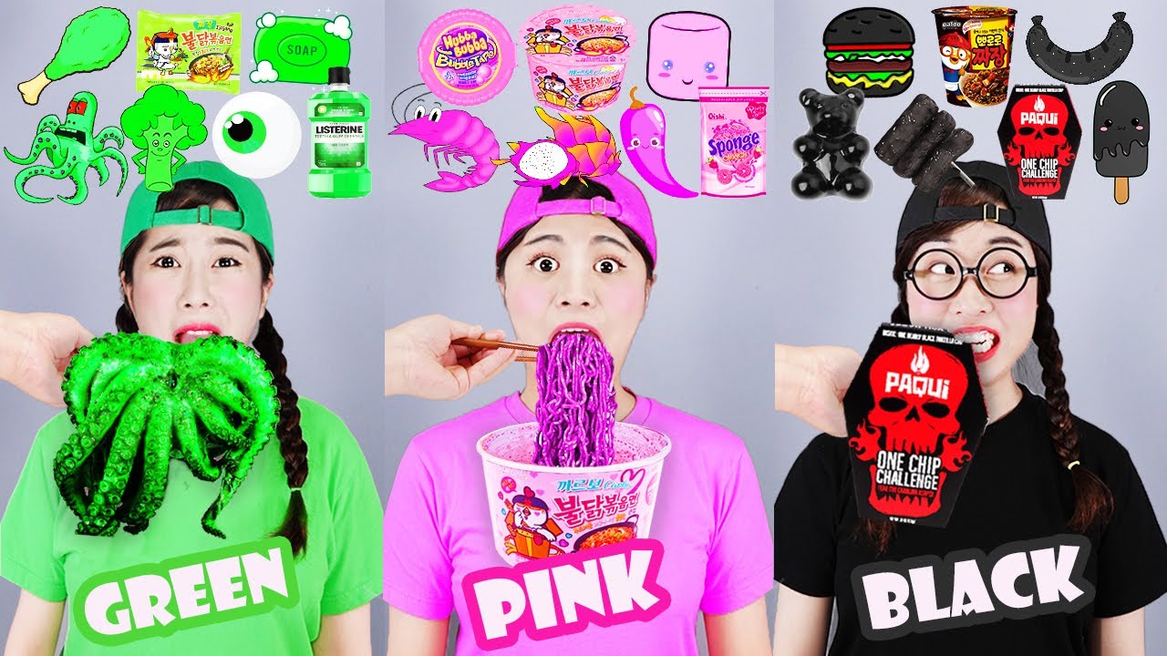 Color food mukbang🔥 [green🤢 pink🍬 black💀] Dona 도나 먹방