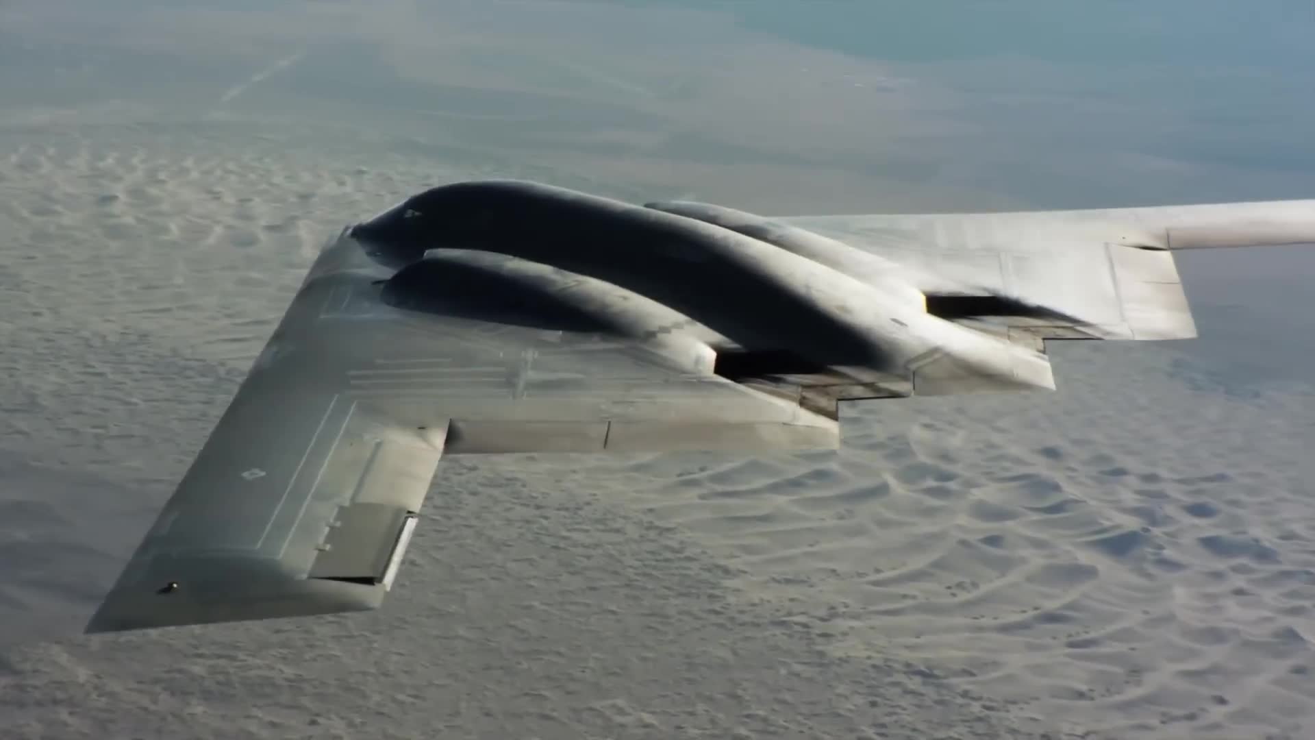 Inside the wing of a B-2 stealth bomber overhead