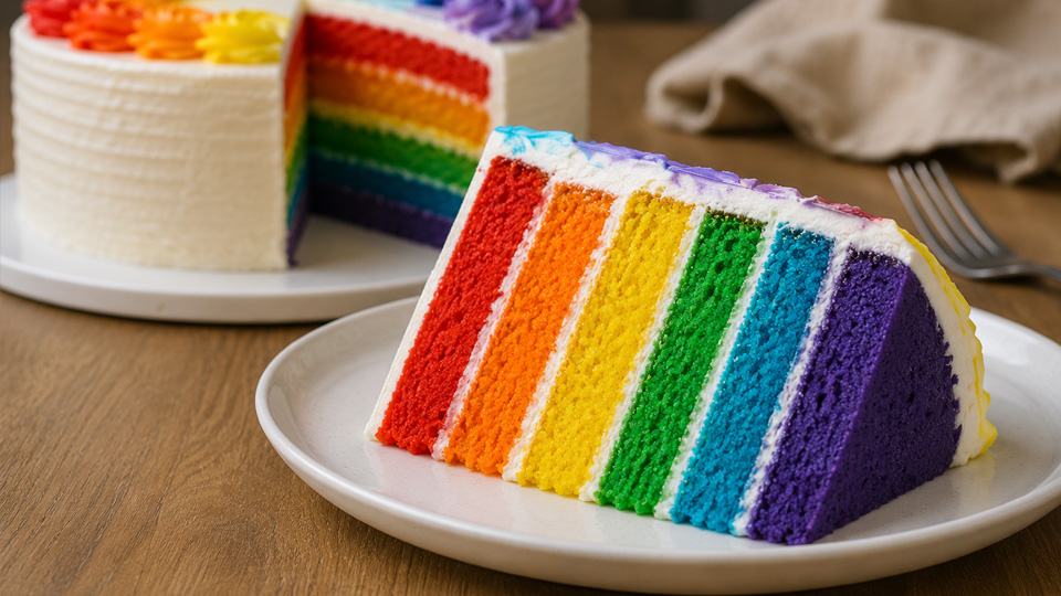Rainbow layer cake with stunning colorful slices