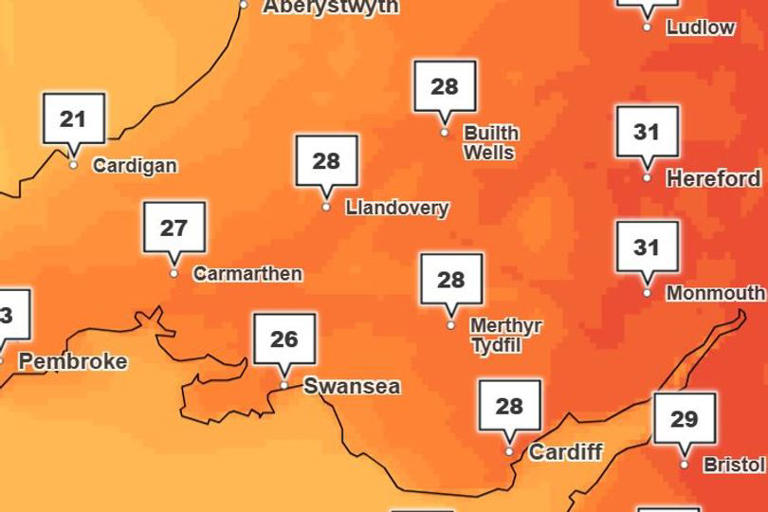 Met Office weather maps for Wales for coming week as extreme heat expected