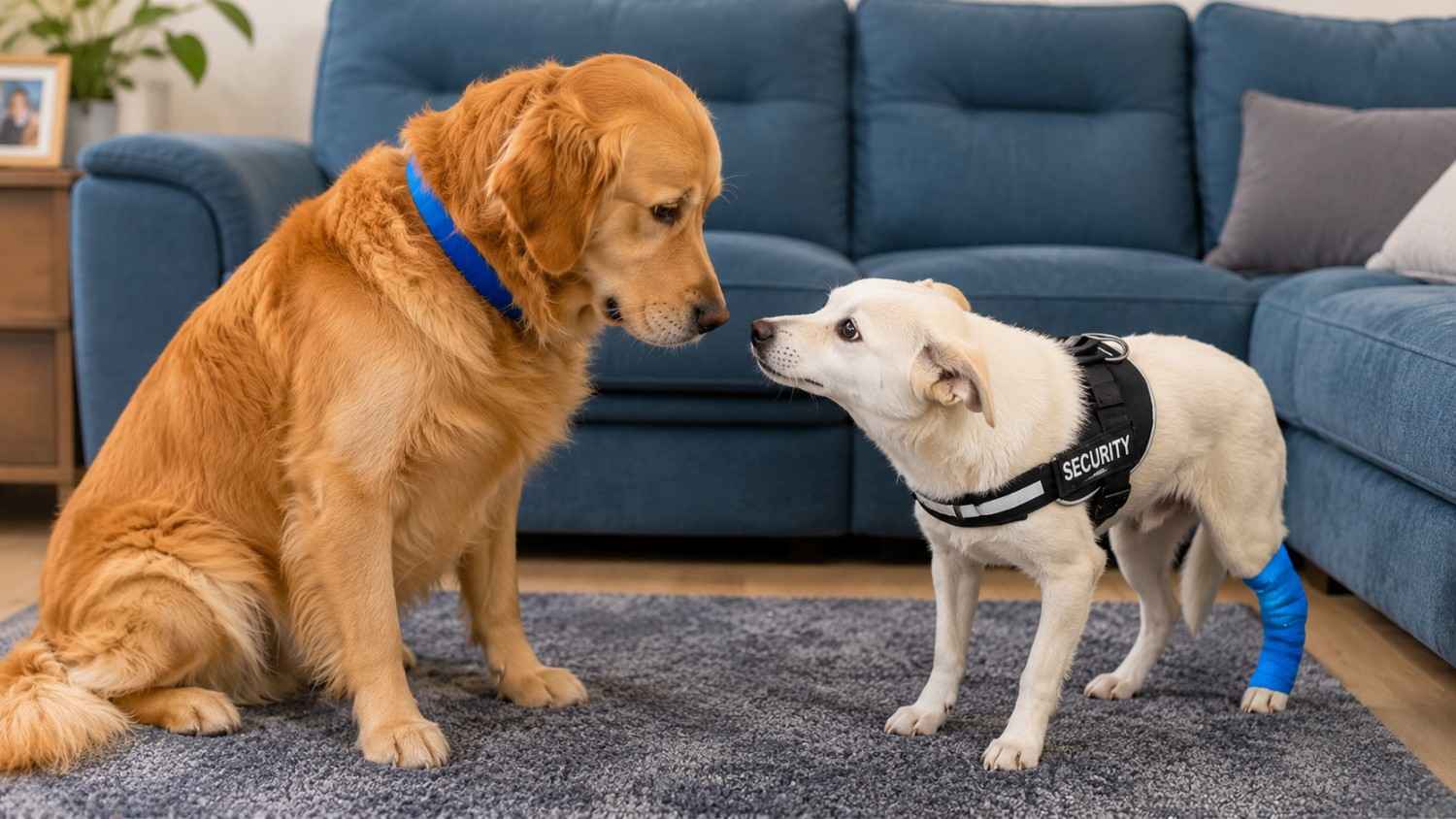 Golden retriever meets an anxious injured rescue puppy