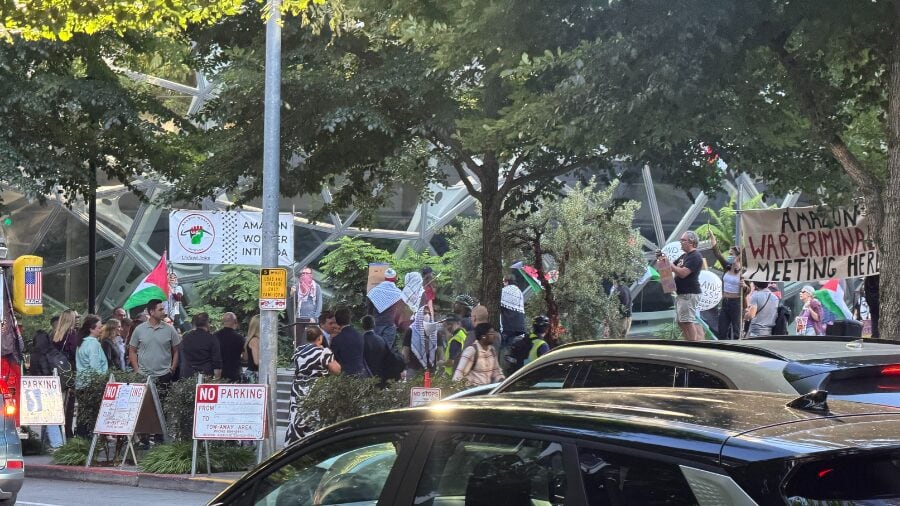 More than a dozen protest outside Amazon spheres