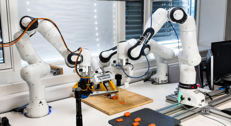 This three-armed robot can slice-and-dice salmon into sashimi