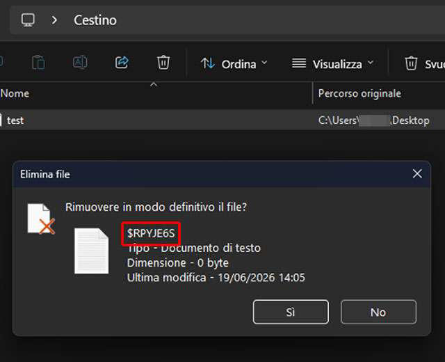 Windows e bug: il cestino cambia nome ai file (confermato, screen)