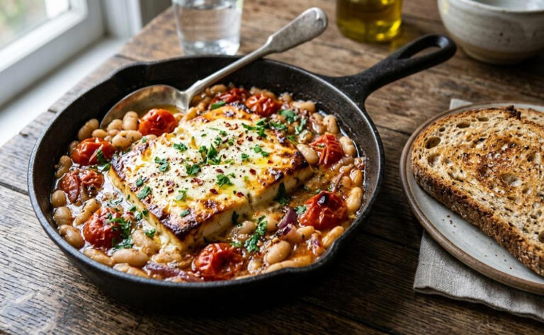This baked feta, tomato, and white bean skillet is the cozy ...