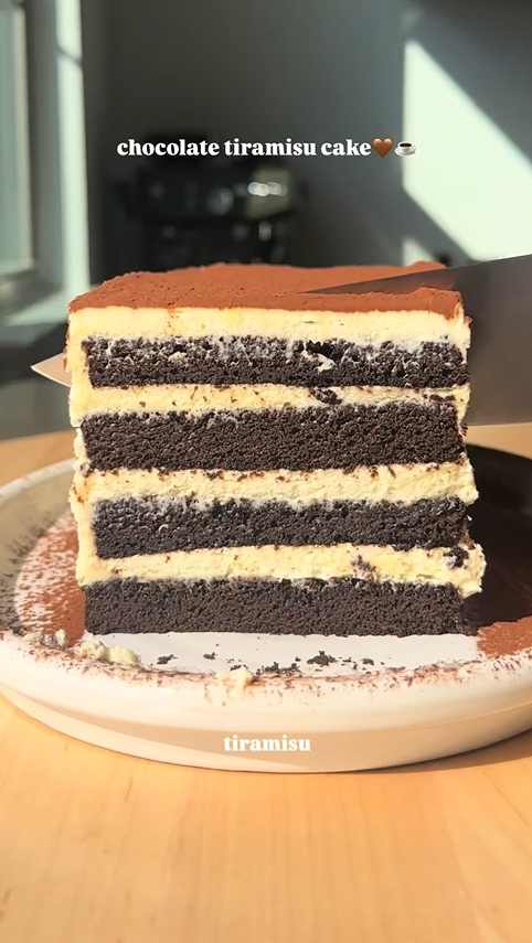 Chocolate tiramisu cake with espresso and mascarpone layers