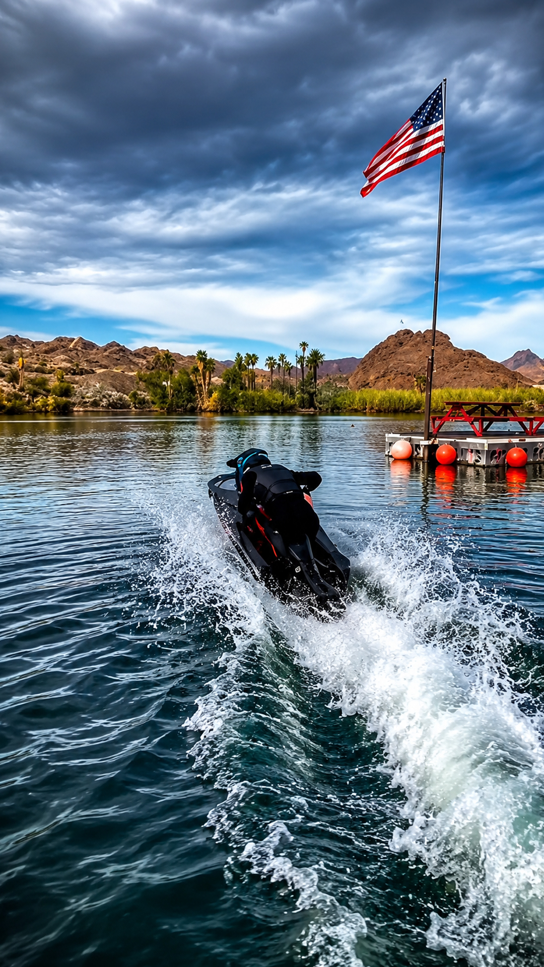 A powerful 300 BHP jet ski launches across the water