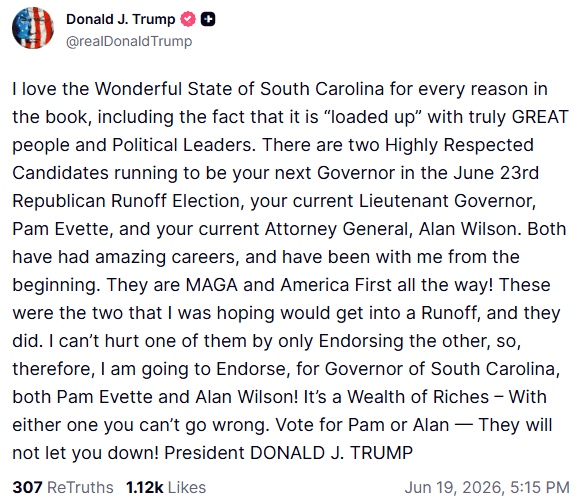 Wilson, Evette both receive endorsements from President Trump