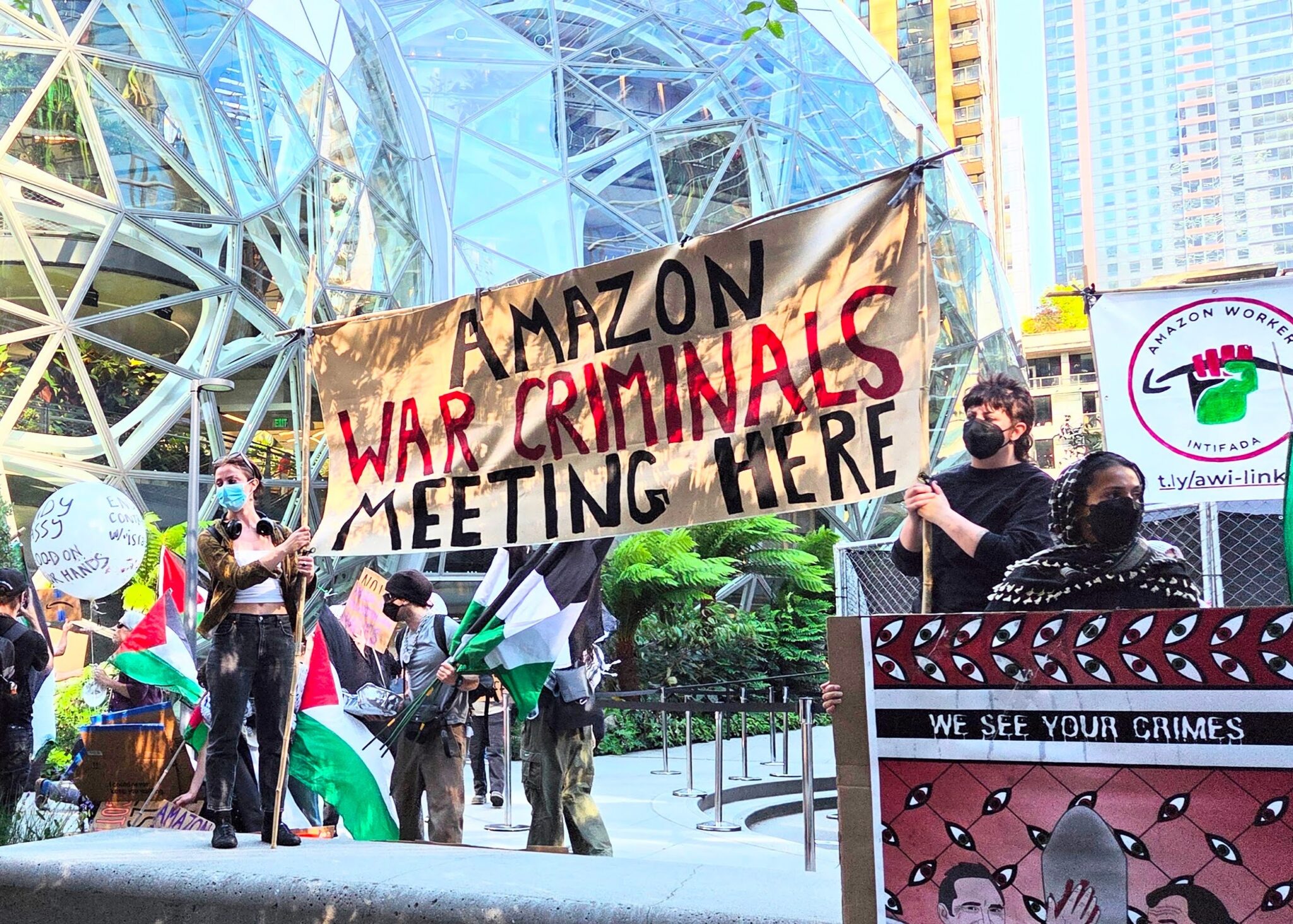 Worlds collide at Amazon Spheres as pro-Palestinian group protests ...