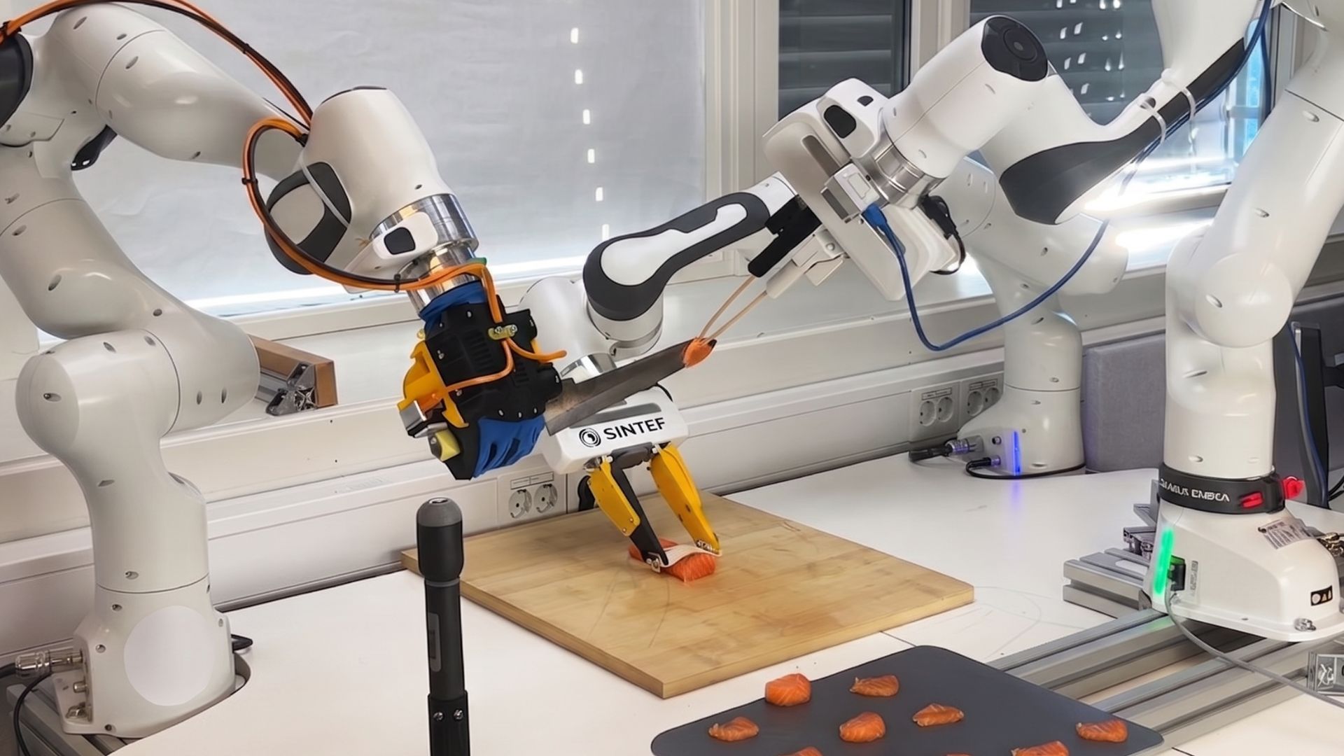 Three-armed kitchen robot cuts raw salmon with 95% touch-sensing accuracy