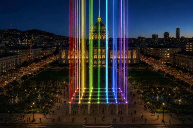 Mayor Lurie unveils 49-beam light display at SF Civic Center Plaza to ...