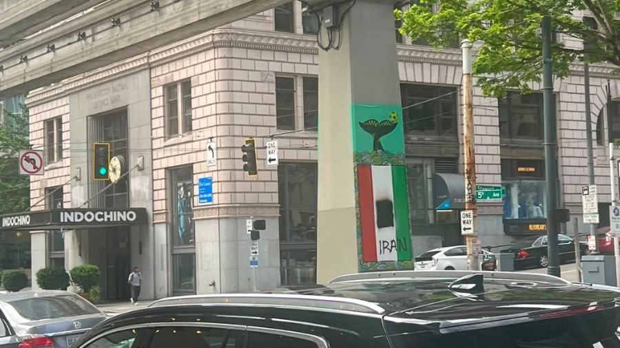 Iranian flag defaced under Seattle Monorail ahead of World Cup match