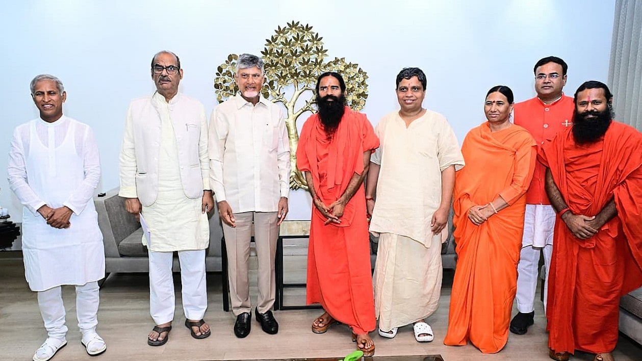 Ramdev Baba receives grand welcome ahead of Yoga Day in Vijayawada